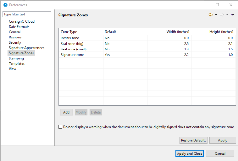 Modifying Signature Zones preferences - Notarius Support